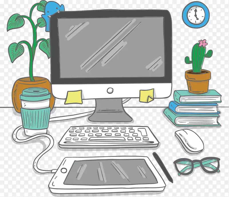 手绘卡通办公电脑PNG图片素材下载_图片编号7374642-PNG素材网