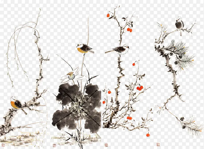 水墨荷花、、鸟杨柳、松树PNG图片素材下载_图片编号9425817-PNG素材网